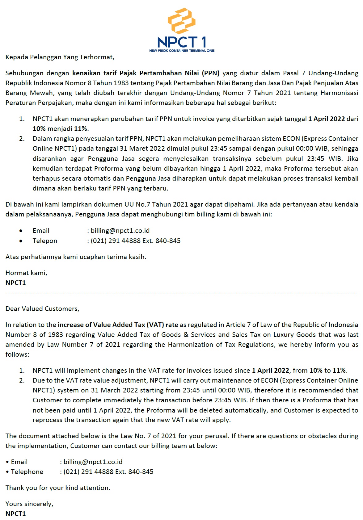 Customer Announcement - Implementation of Value Aded Tax (VAT) Increase