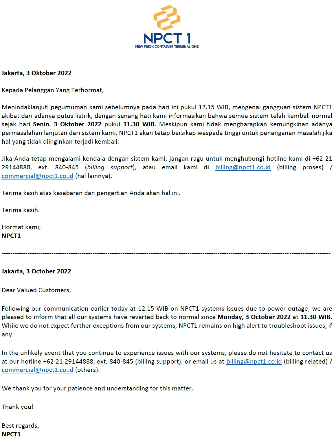 Customer Announcement - Power Outage 2 Oct 2022 (Updated)